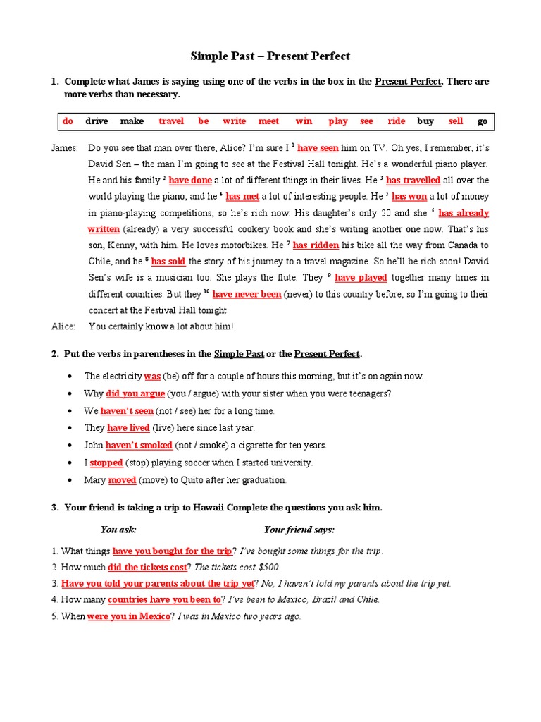 Simple Past Vs Present Perfect - Worksheet 1 - Answers | PDF