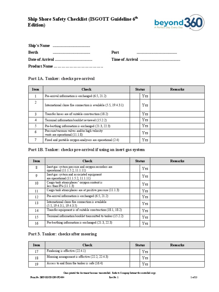 ISGOTT 6th Edition Ship Shore Checklist | PDF | Oil Tanker