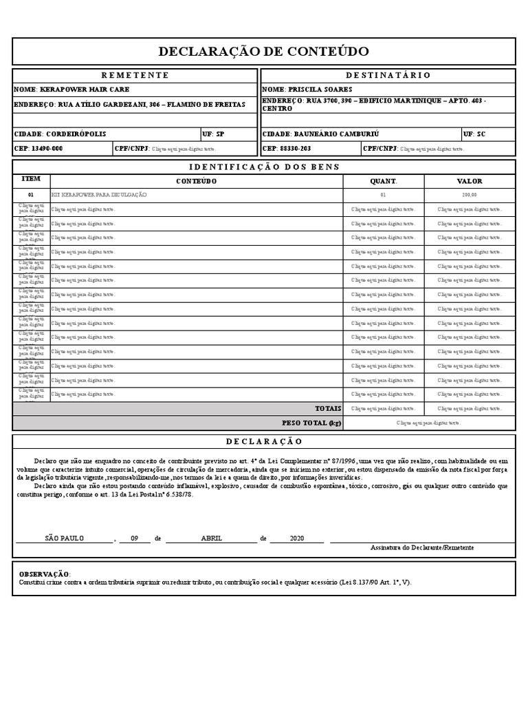 Declaração de Conteúdo para Os Correios | PDF Declaração de Conteúdo para Os Correios | PDF