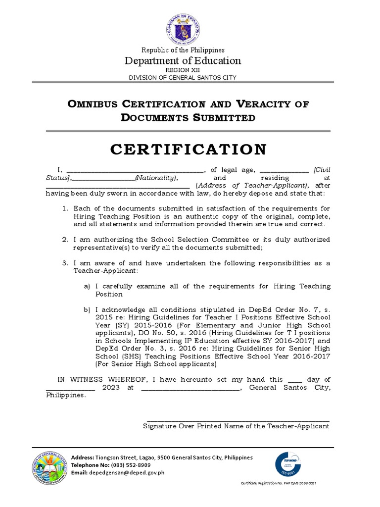 Omnibus Certification and Veracity Forms 2023 | PDF | Academic Degree ...