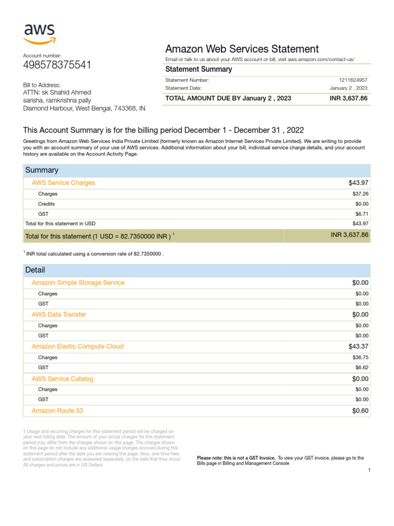 AWS Statement Summary for Account #498578375541 | PDF | Amazon Web ...