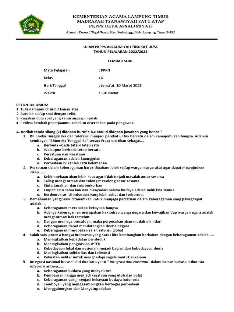 Kementerian Agama Lampung Timur Madrasah Tsanawiyah Satu Atap Pkpps Ulya Assalimiyah | PDF