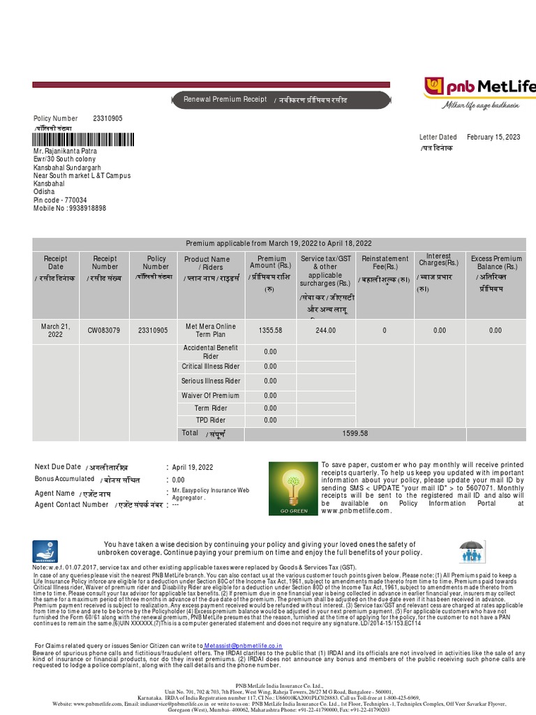 PNB MetLife Renewal Premium Receipt | PDF | Insurance | Life Insurance