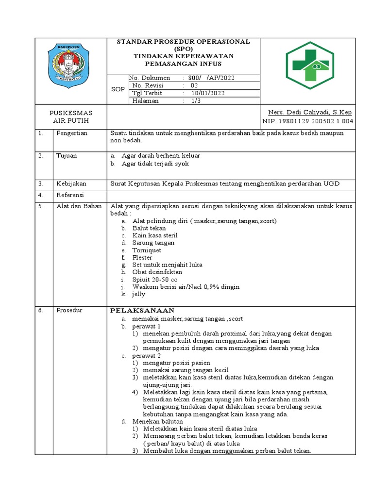 SOP Pemasangan Infus dan Penghentian Perdarahan | PDF