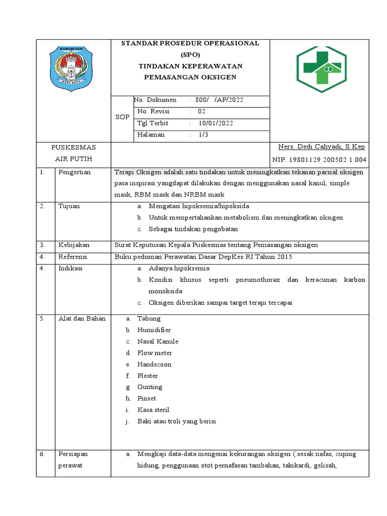 Sop Pemasangan Oksigen | PDF