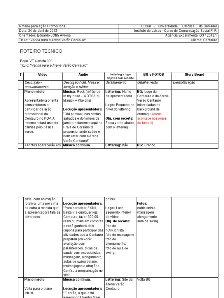 Modelo de Roteiro Técnico Preenchido | PDF
