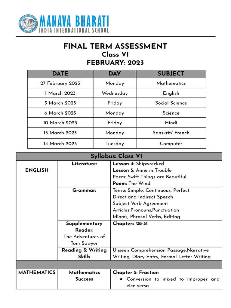 Class-Vi Final Term Datesheet & Curriculum | PDF | Linguistics | Grammar