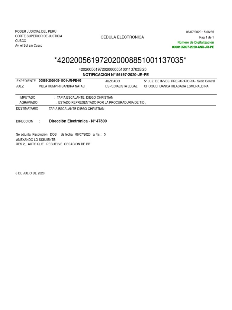 NOTIFICACION #56197-2020-JR-PE: Cedula Electronica | PDF | Derecho penal | Prisión