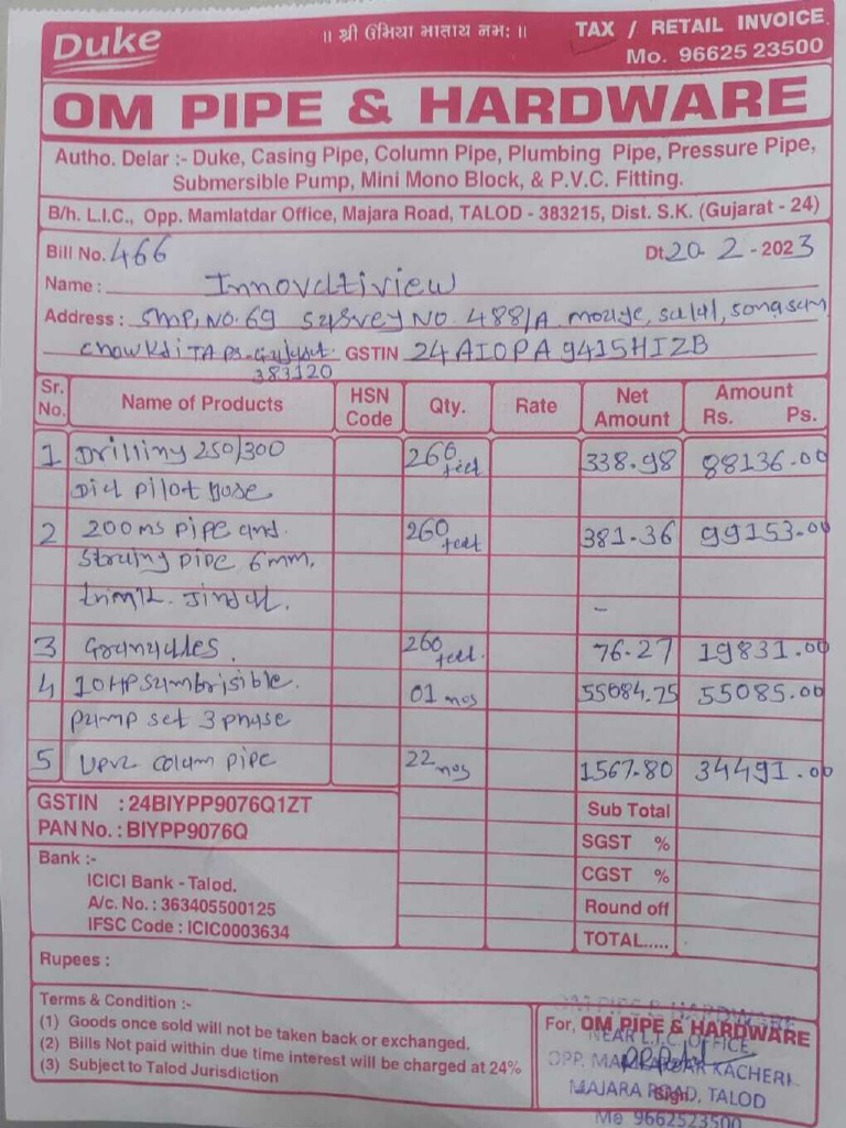 OM Pipe and Hardware Invoice | PDF