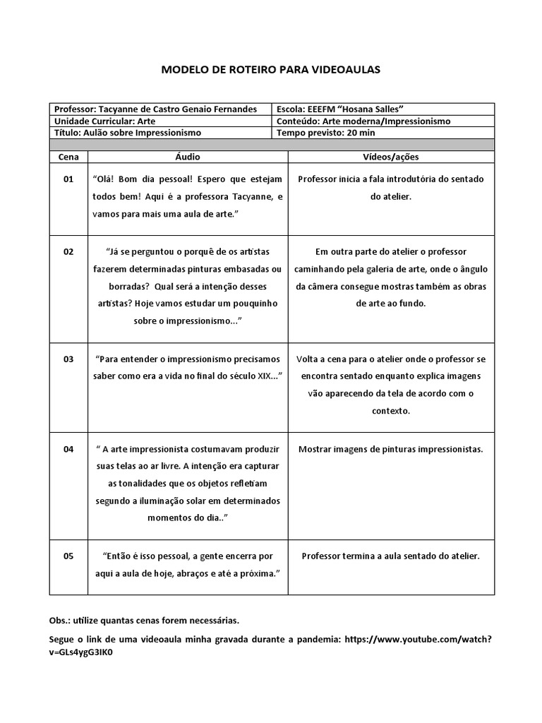 MODELO DE ROTEIRO PARA VIDEOAULAS | PDF