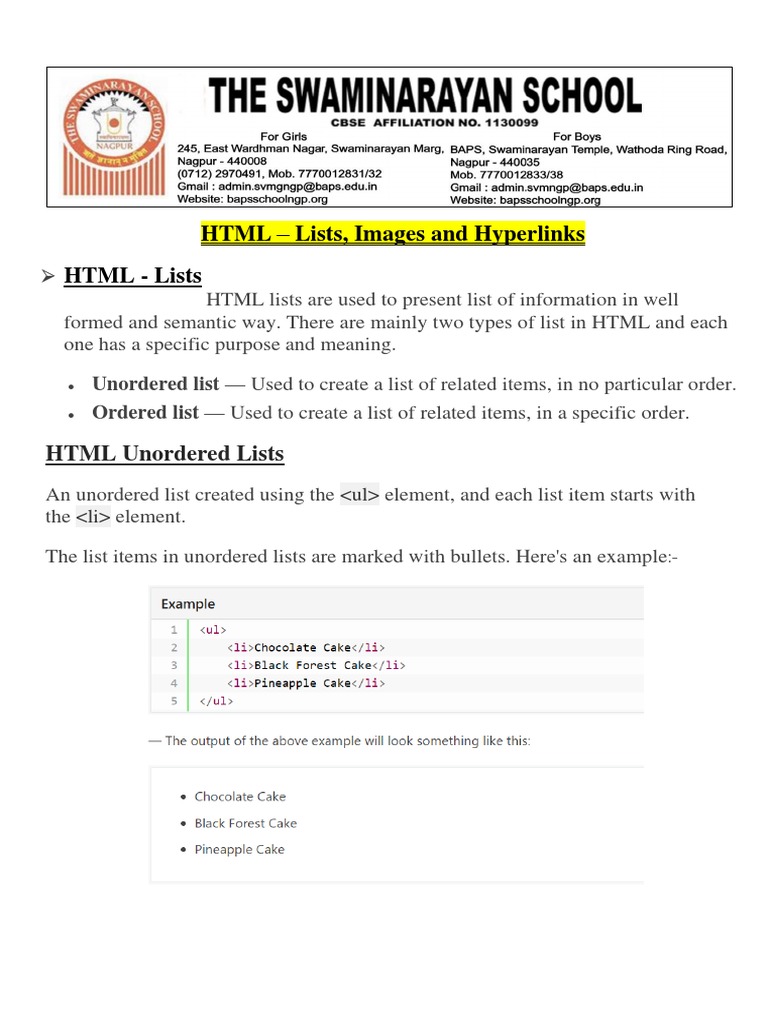 HTML - Lists, Images and Hyperlinks | PDF | Hyperlink | Html Element