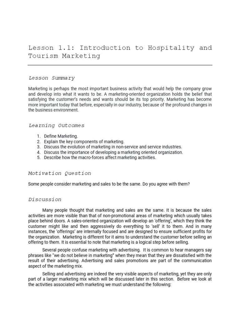 Introduction to Hospitality Marketing | PDF | Marketing | Product ...