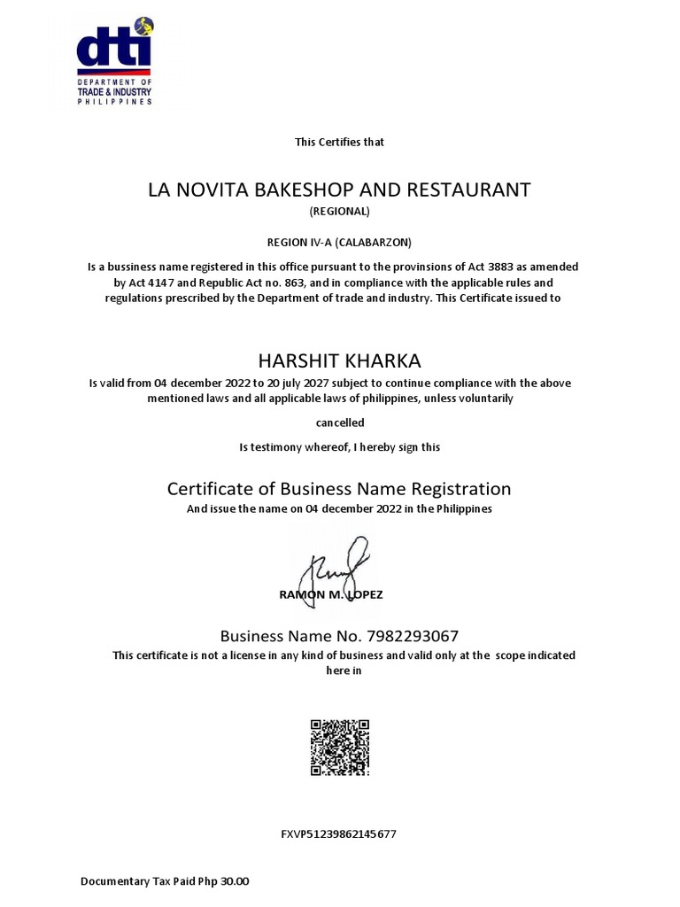 La Novita Bakeshop and Restaurant: Certificate of Business Name ...
