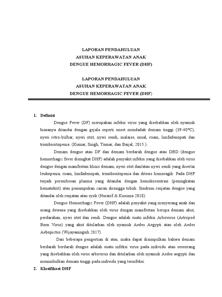 Laporan Pendahuluan Asuhan Keperawatan Anak Dengue Hemorhagic Fever (DHF) Laporan Pendahuluan ...