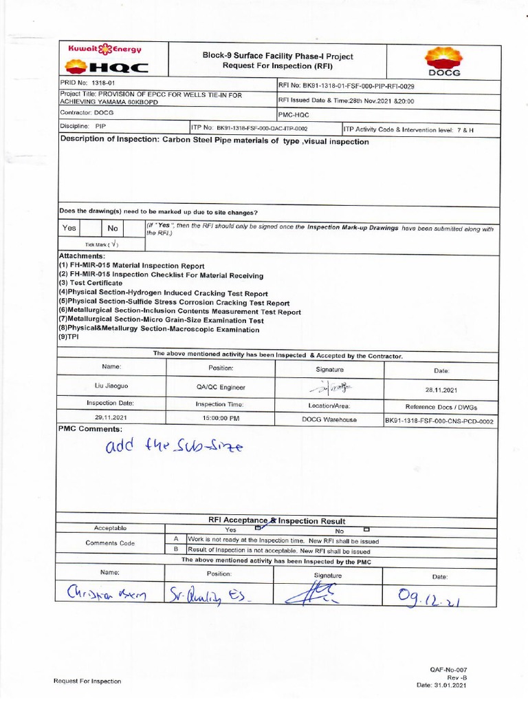 BK91-1318-01-FSF-000-PIP-RFI-0029 Request For Inspection of Carbon ...