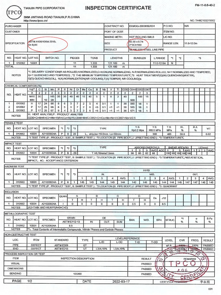 2 Inch ASTM 106 MTC With SSC and HIC | PDF
