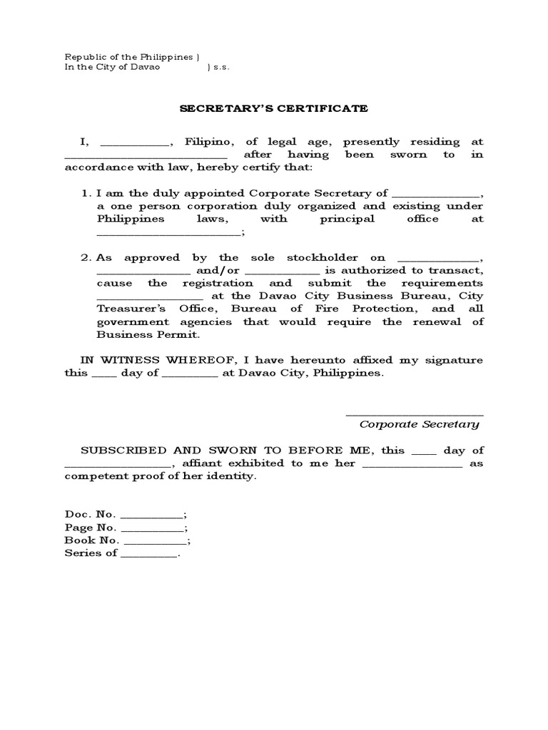 Secretary Certificate | PDF