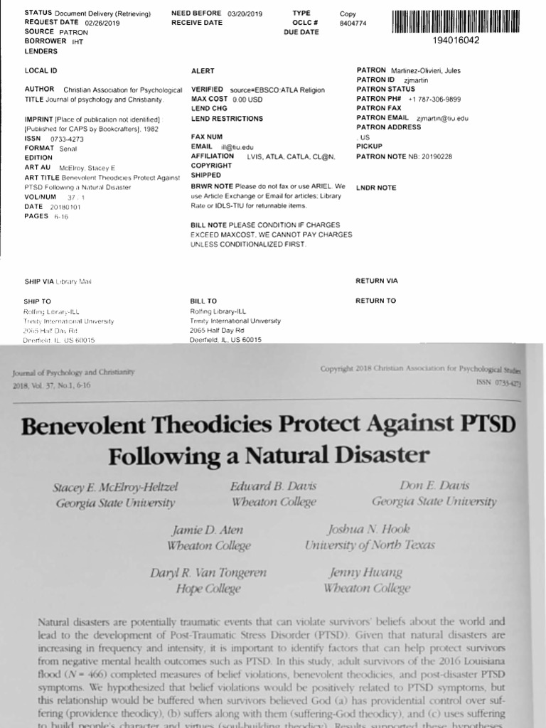 Benevolent Theodicies Protect Against PFSD Following A Natural Disaster ...