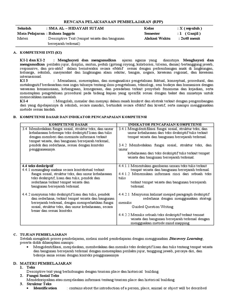 RPP Descriptive Text (Meet 1) Nilam Fix Fix | PDF | Seni & Disiplin Bahasa | Kajian Bahasa Asing