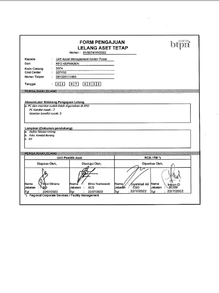 Contoh Form Pengajuan Dan Kelengkapan Lelang KFO Kepanjen Oke | PDF