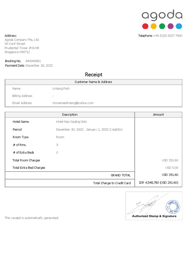 Agoda Booking ID 844349361 - RECEIPT Enclosed | PDF