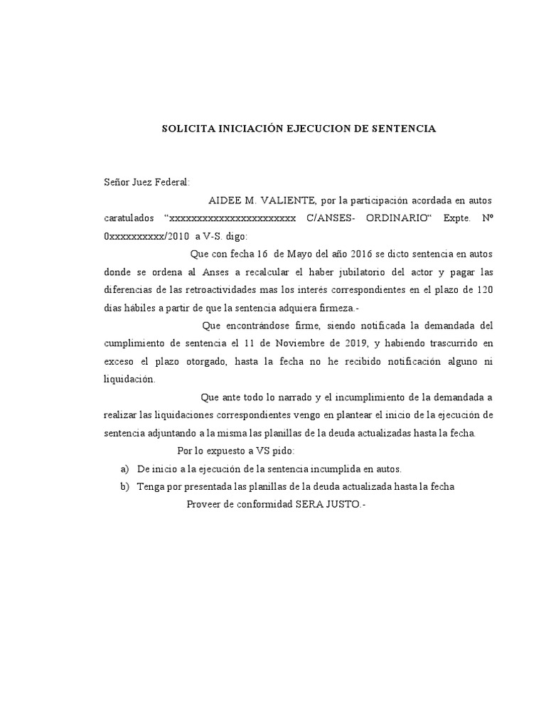 Modelo Ejecucion de Sentencia | PDF