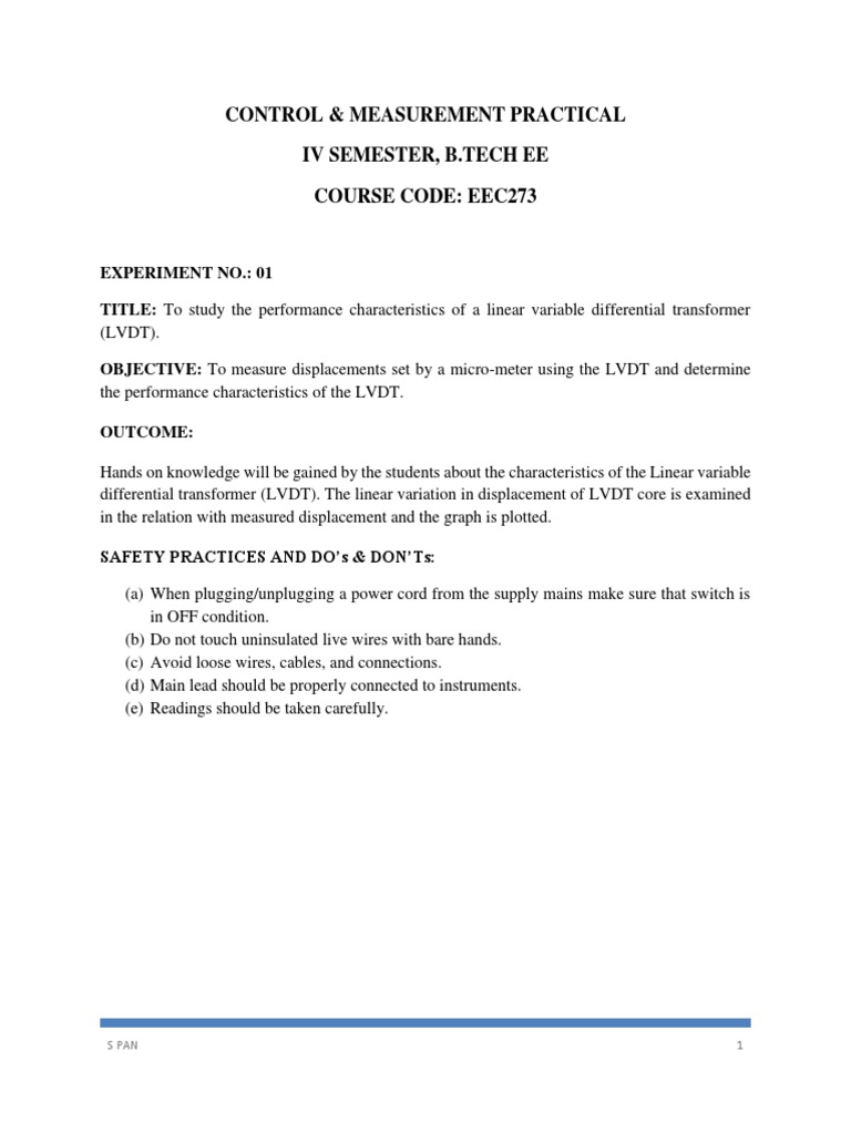 Control & Measurement Practical Iv Semester, B.Tech Ee Course Code ...