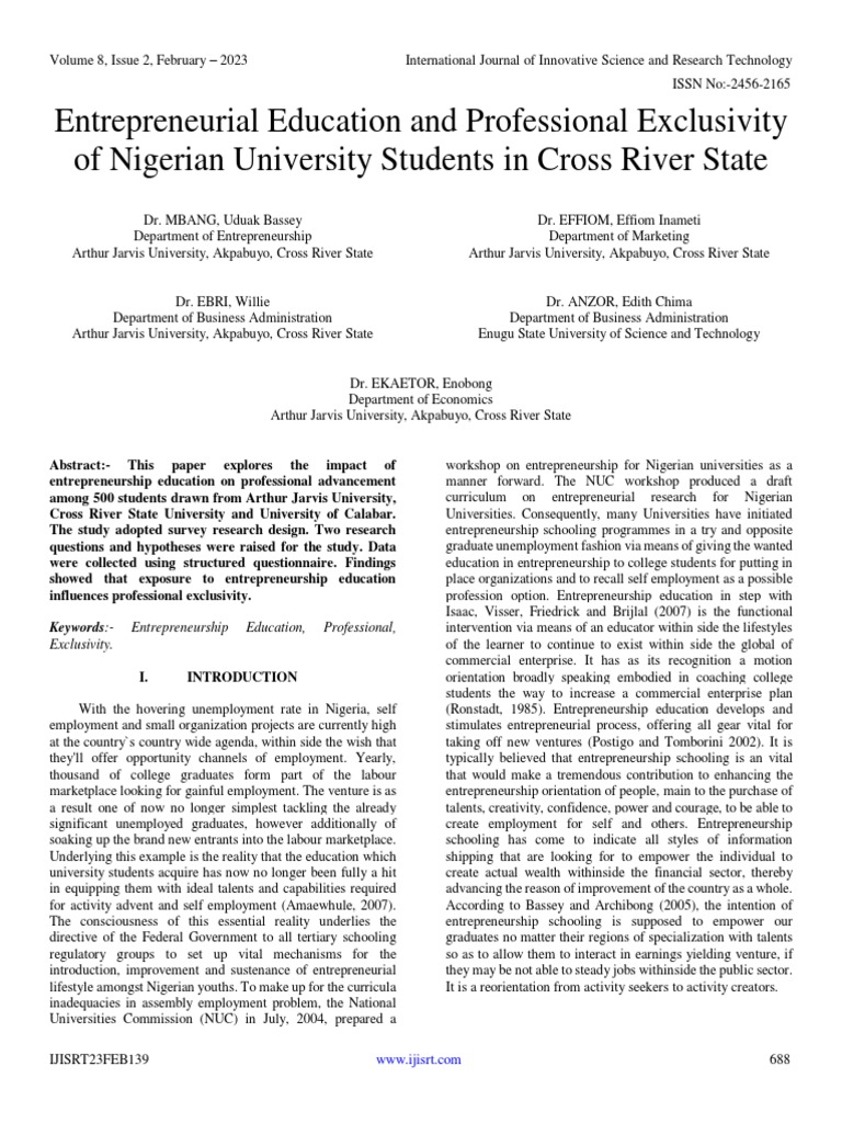 Entrepreneurial Education and Professional Exclusivity of Nigerian ...