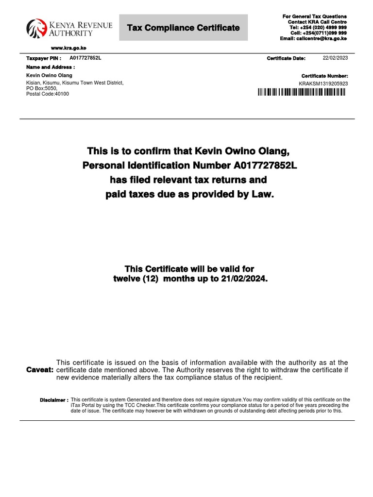 Kevin Owino Olang's Tax Compliance Certificate Detailing Filing of ...