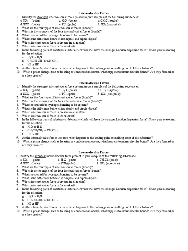 Intermolecular Forces - Chemistry Practice | PDF | Intermolecular Force ...