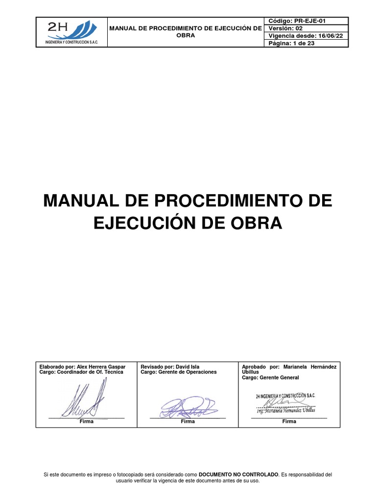 PR-EJE-01 Manual de Procedimiento de Ejecución de Obra | PDF | Calidad (comercial) | Presupuesto