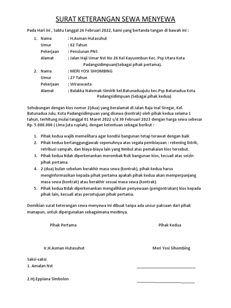 SURAT KETERANGAN Sewa Kios No 2 | PDF