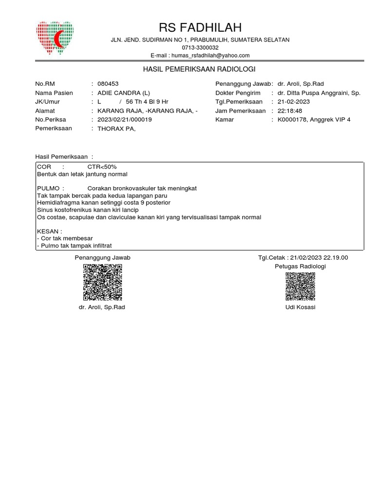 Rs Fadhilah: Hasil Pemeriksaan Radiologi | PDF