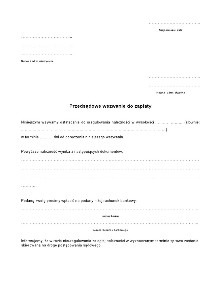 Wzór Ostatecznego Przedsądowego Wezwania Do Zapłaty | PDF