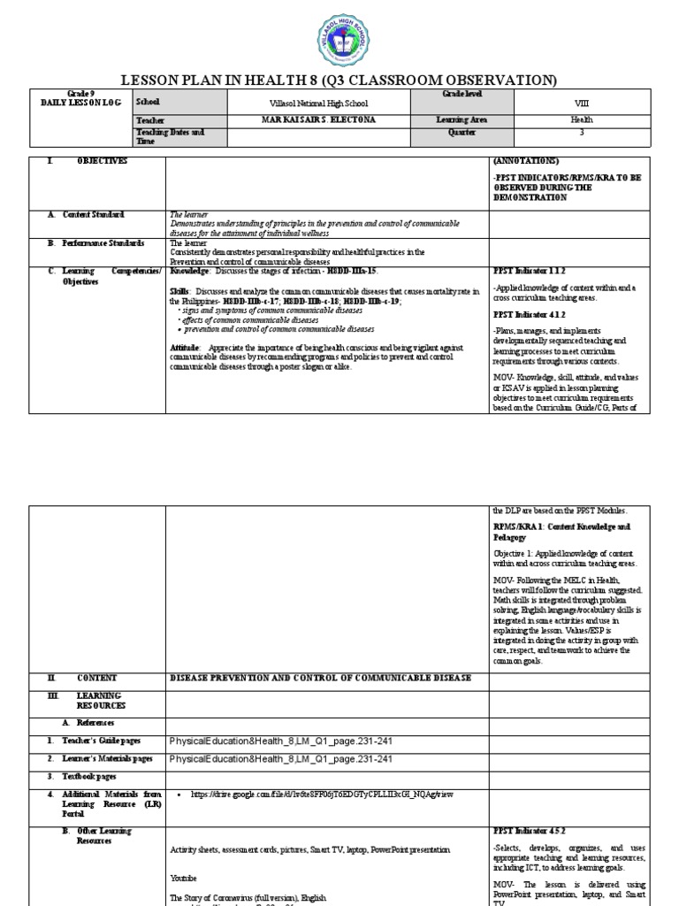 Health 8 Lesson Plan with PPST Indicators | PDF | Pathogen | Infection