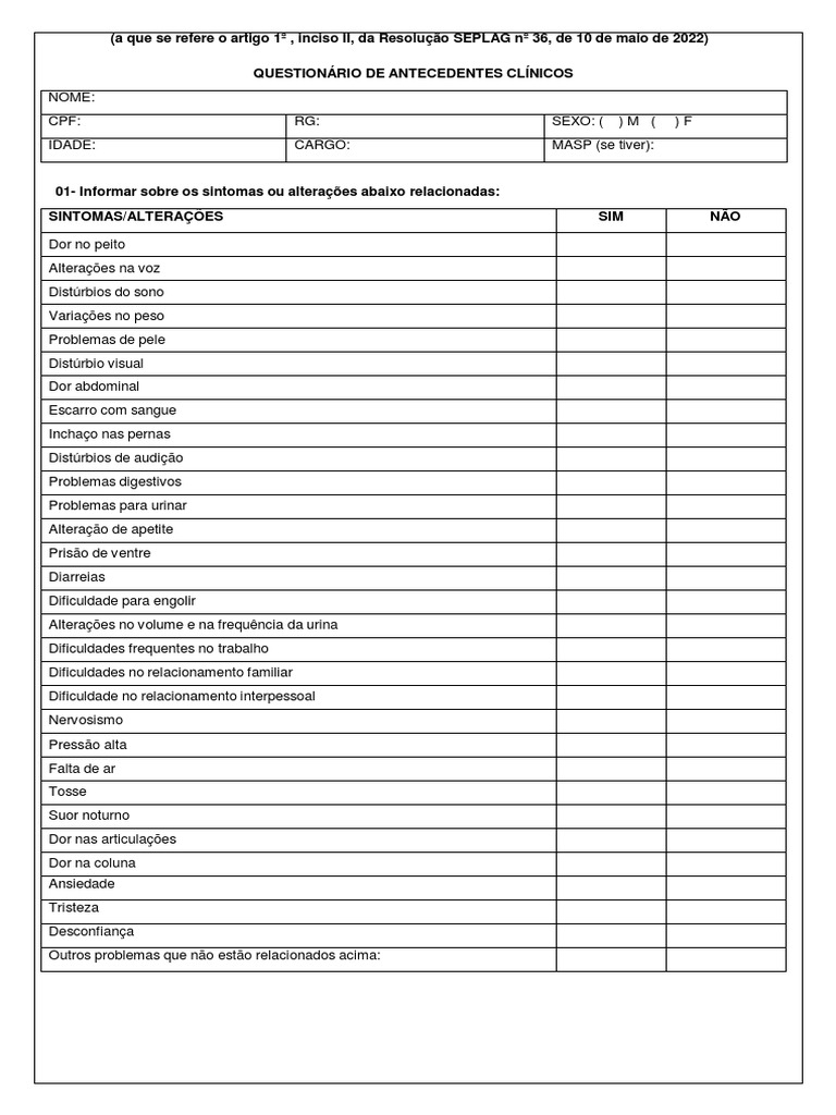 Questionário de Antecentes Clínicos | PDF | Alergia | Dor