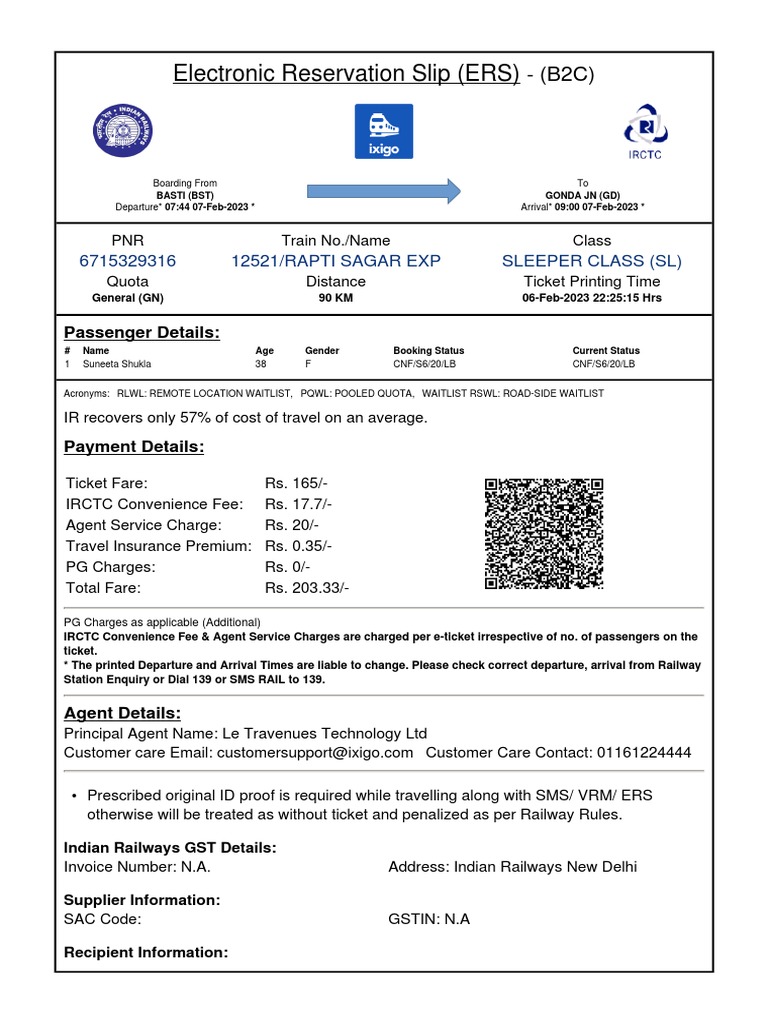 Electronic Reservation Slip (ERS) : 6715329316 12521/rapti Sagar Exp ...