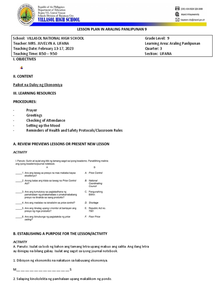 Lesson Plan in Ap9 Quarter 3 | PDF