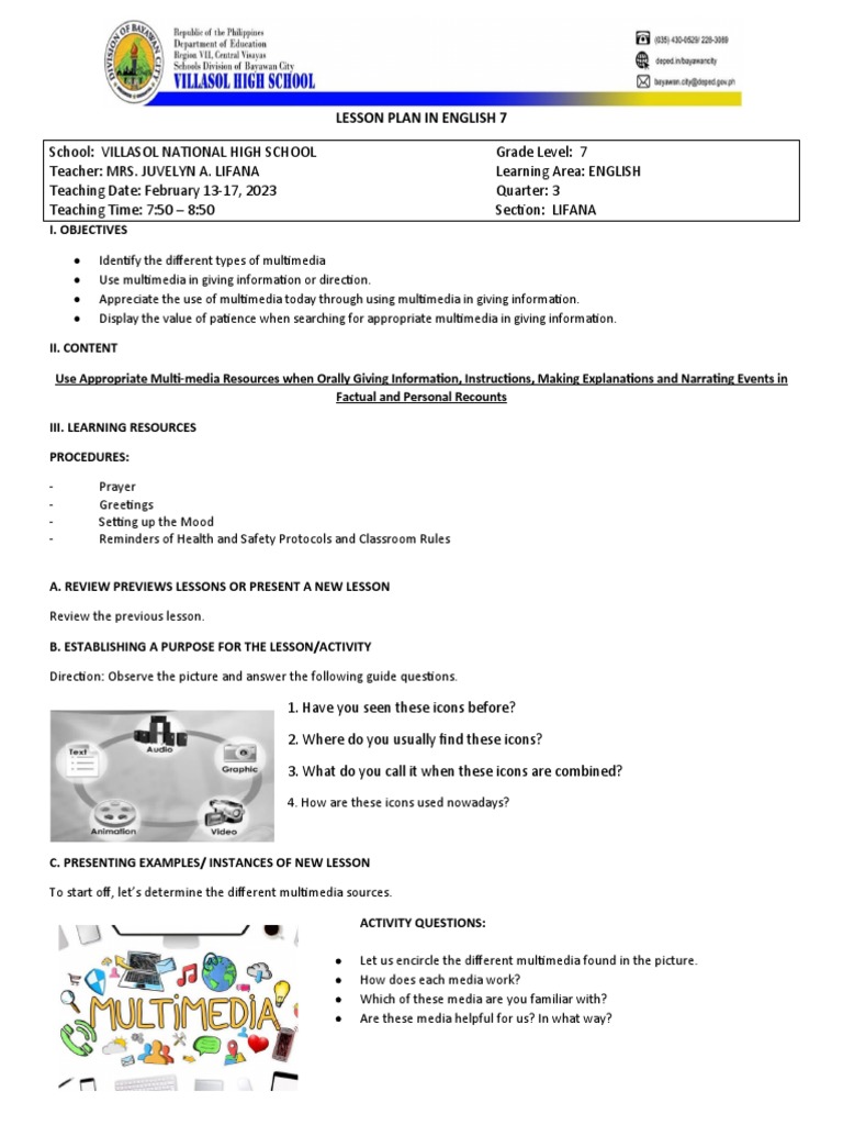 Multimedia Lesson Plan for English 7 | PDF | Multimedia | Media (Communication)