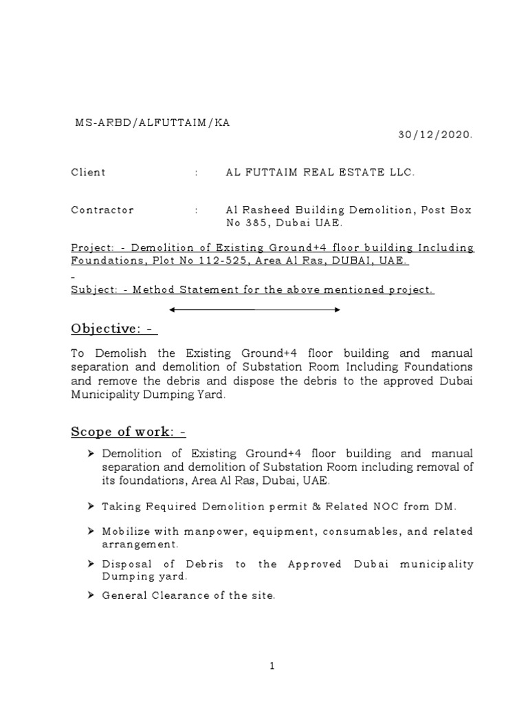 Method Statement-4 | PDF | Demolition | Loader (Equipment)