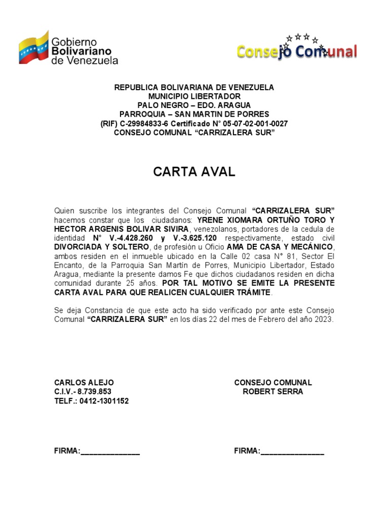 Carta Aval Consejo Comunal | PDF | Viajes y turismo | Derecho