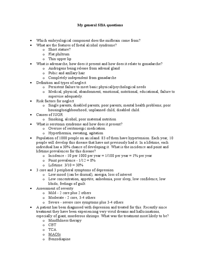 SBA questions on embryology, paediatrics, psychiatry and more | PDF ...