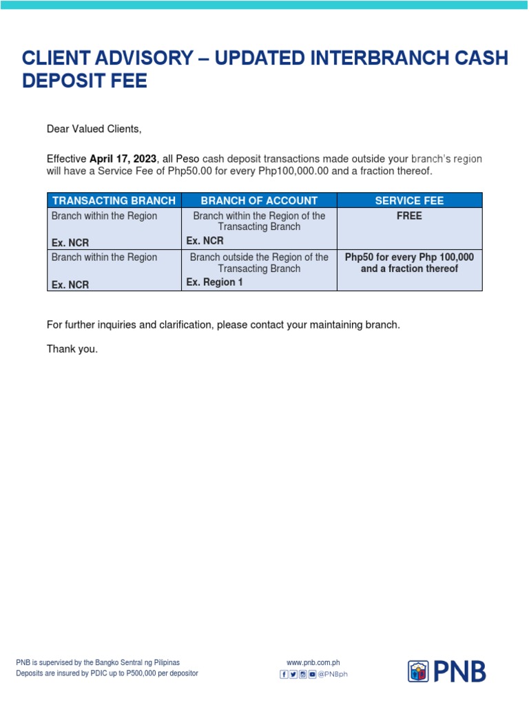 Client Advisory - Updated Interbranch Cash Deposit Fee: Dear Valued ...