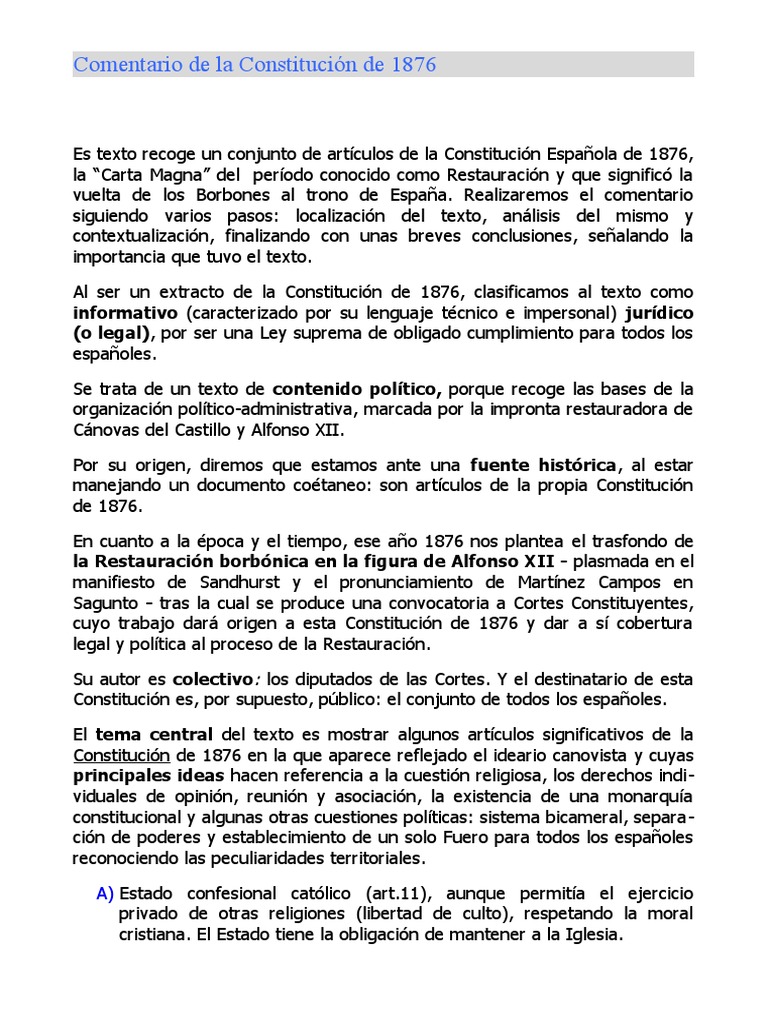 Comentario sobre la Constitución de 1876 | PDF | España | Gobierno