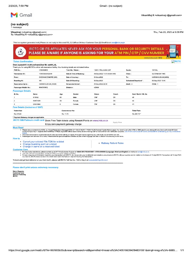 Lta Irctc Receipt Vikash | PDF