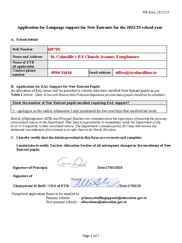 EAL FORM For New Entrants - 2022-23 | PDF