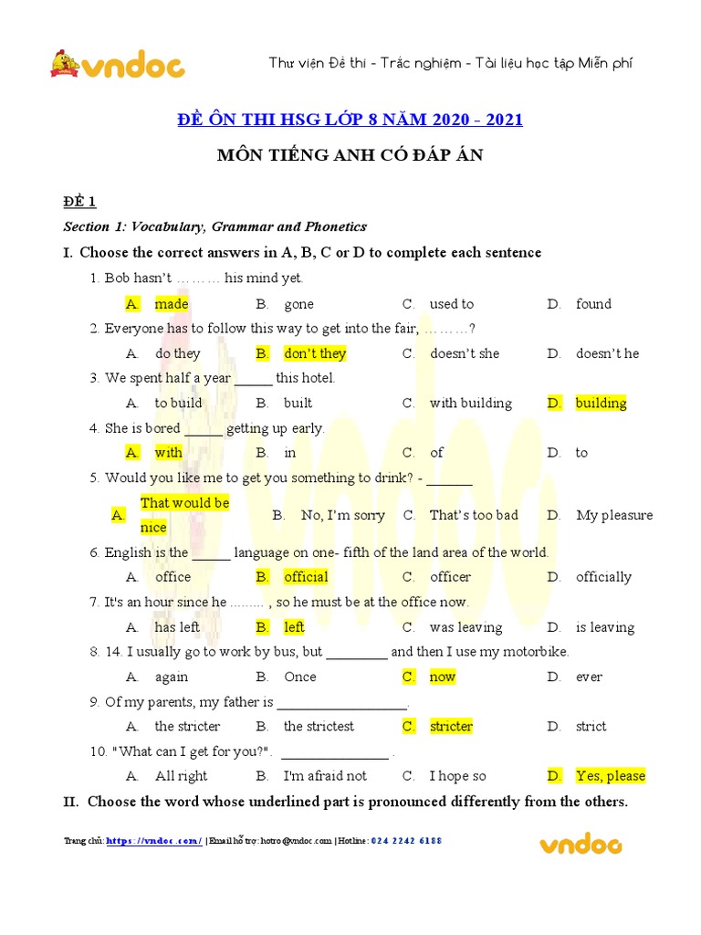 Bo de Thi Hoc Sinh Gioi Tieng Anh Lop 8 | PDF | Teachers | English Language