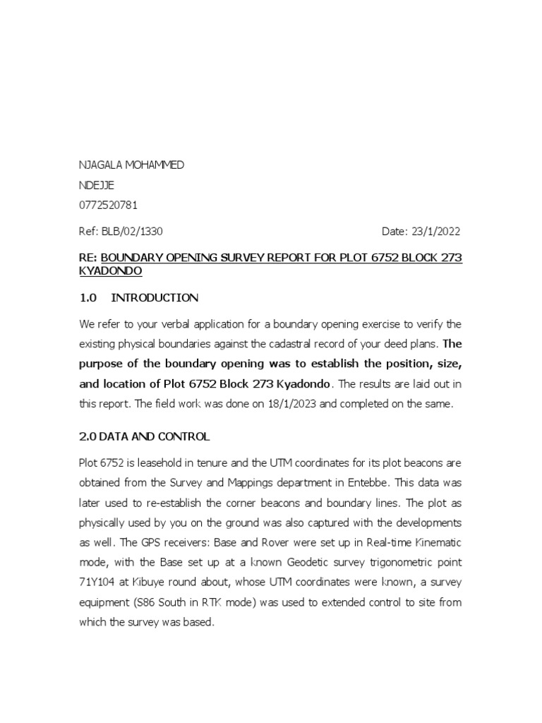Boundary Survey Report for Plot 6752 in Kyadondo | PDF | Surveying ...