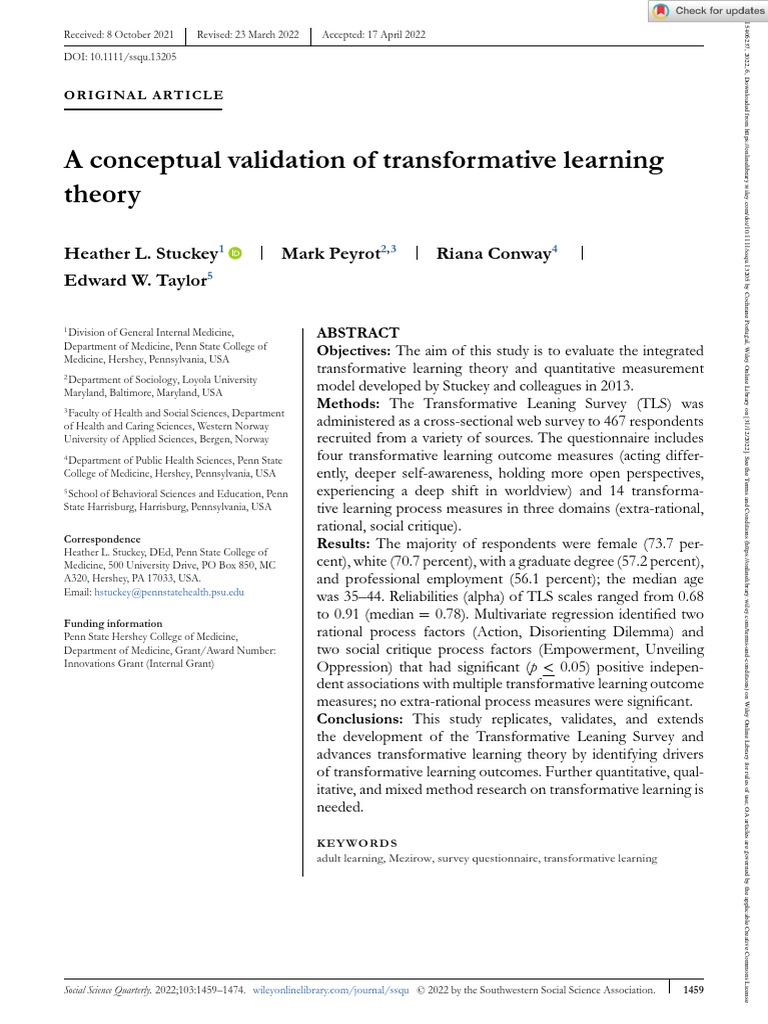 Social Science Quarterly - 2022 - Stuckey - A Conceptual Validation of Transformative Learning ...
