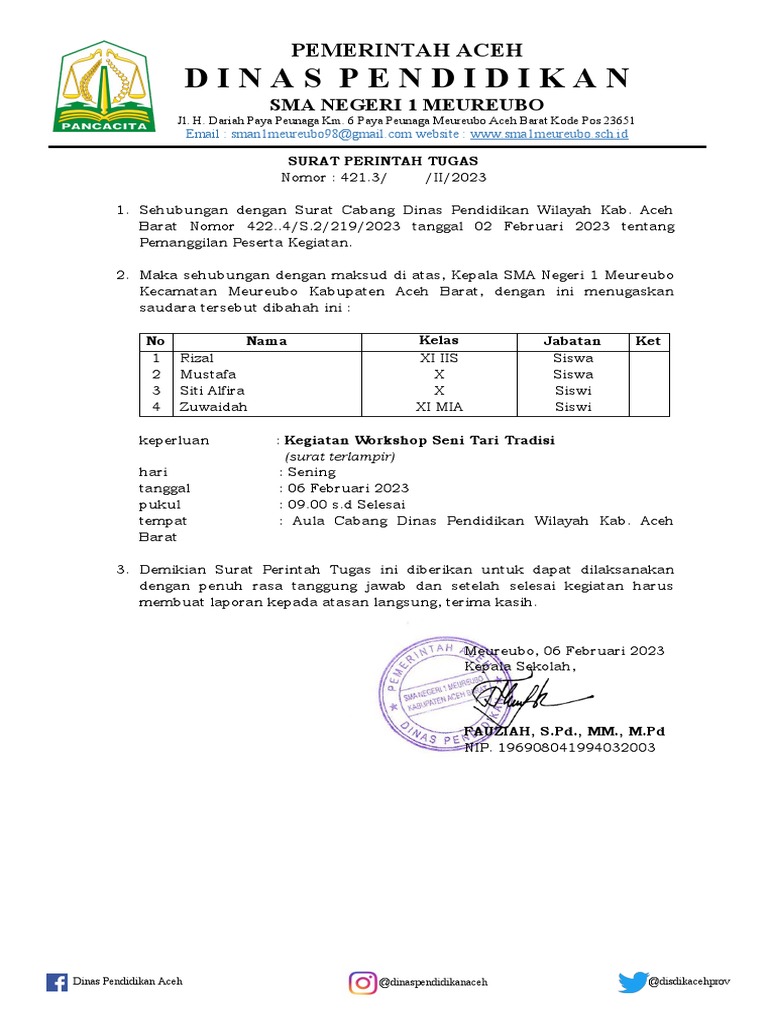 Surat Perintah Tugas Dinas Pendidikan | PDF